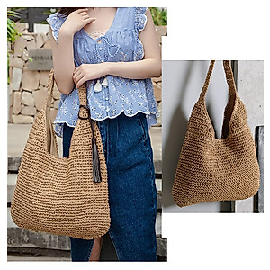 JBRUN Women Straw Shoulder Bag Handmade Woven Handbag Summer Beach Tote Straw Leather Handle Large Bucket Bag (E-Brown)