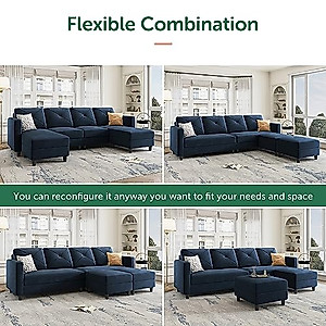 HONBAY Velvet Sectional Sofa with Chaise U Shaped Sectional Couch 4 Seat Sofa for Living Room, Dark Blue