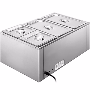 VEVOR 110V Commercial Food Warmer, 4-Pan Stainless Steel Bain Marie 14.8 Qt Capacity,1500W Steam Table 15cm/6inch Deep, Electric Soup Warmer