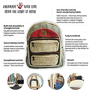 Ojas Yatra Large Hemp Backpack - Green & Red - Pure Natural Hemp Cotton Backpacks for Men & Women - Multi Pocket Organic Himalayan Hemp Bag packs for Laptop, Travel & Hiking - Bohemian/Hippie Bags