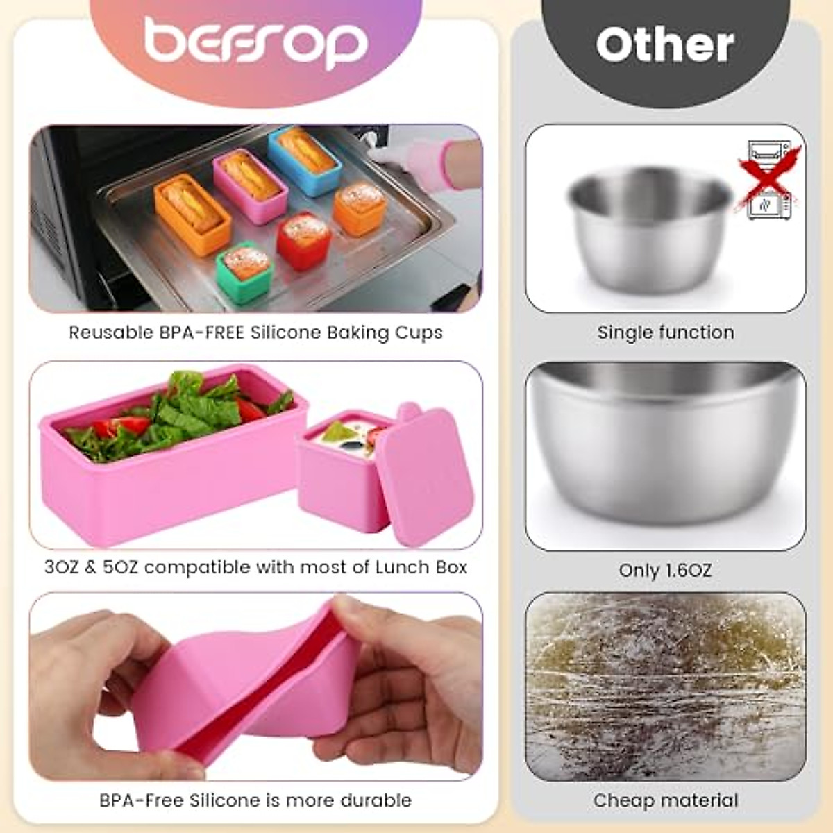 BEFSOP Salad Dressing Container To Go, Compatible with Lunch Box for kids,3x5oz Food Safe Silicone Small Condiment Containers with Lids,Reusable Silicone Baking Cups Snack Containers Sauce Cups