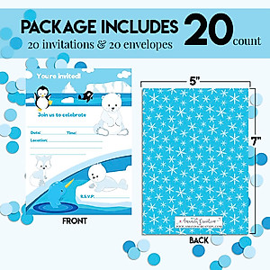Arctic Friends Winter Birthday Party Invitations with Penguin, Narwhal, Whale, Polar Bear and Seal. 20 5x7 Fill In Cards with Twenty White Envelopes by AmandaCreation