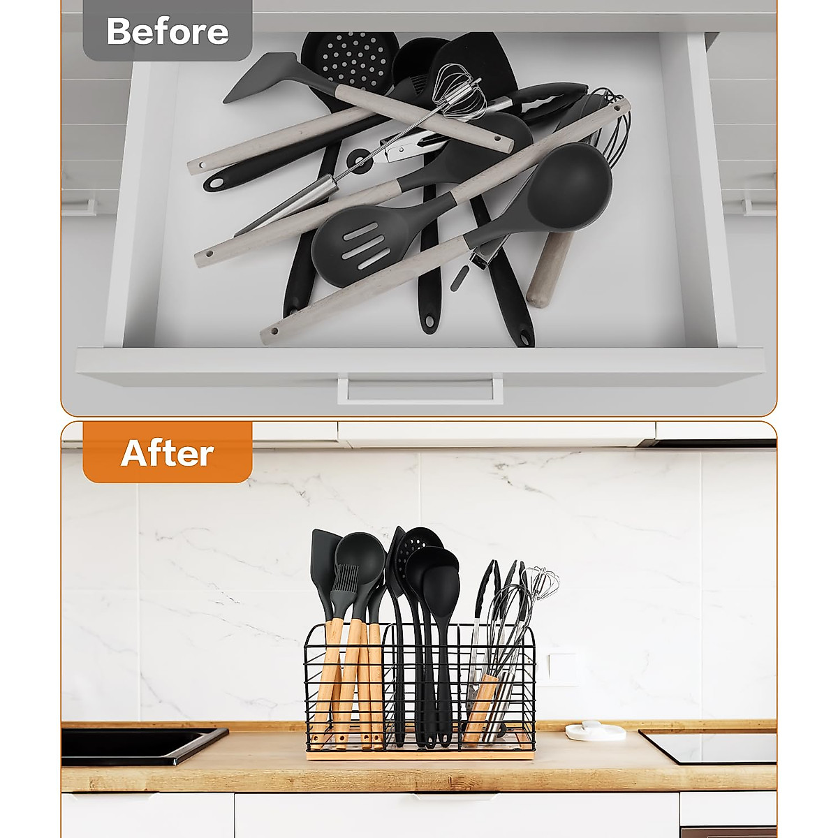 PrimZooty Large Utensil Holder for Kitchen Counter - 11.8"x 6.7"x 4.7", 3 Compartments Aesthetic Design, Kitchen Utensil Holder Utensil Organizer (Metal+Bamboo)