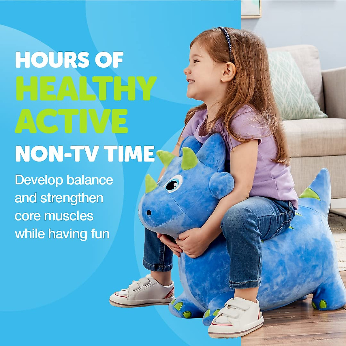 WADDLE Bouncy Hopper Inflatable Animal Hopping Plush, Indoor and Outdoor Toy for Toddlers and Kids, Pump Included, Boys and Girls Ages 2 Years and Up (Triceratops)