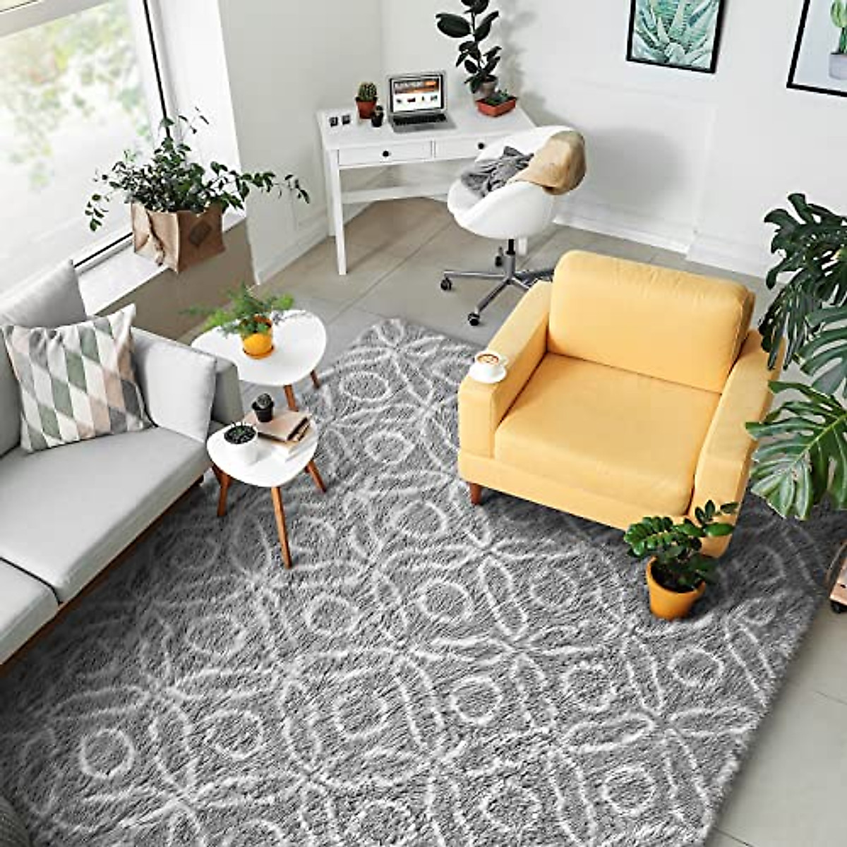 Guucha Super Soft Fluffy Area Rug, 4x6 Feet Shaggy Area Rugs, Modern Indoor Plush Carpet for Living Room, Bedroom, Home Office, Round Grey