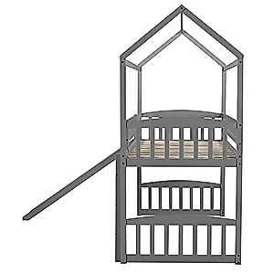 Harper & Bright Designs Twin Loft Bed with Slide, Solid Wood House Loft Bed with Ladder, Playhouse Bed for Kids Girls Boys (Gray)