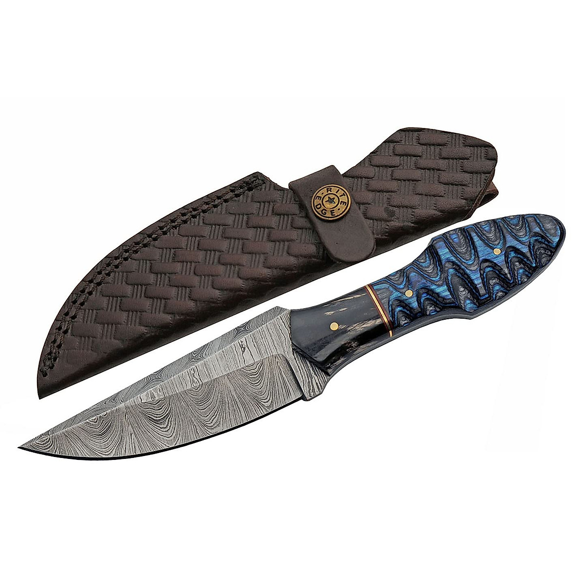 Ocean Ripple Damascus Steel Blade | Grooved Wood 8 inch Hunting Knife