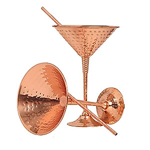 BOLD & DIVIN Handmade Hammered Pure Copper Martini Globlets | With Exquisite Reinforcement Ring & Pure Copper Straws | Set of 2 | 9.5 Oz | Glasses for Wedding, Valentines Gift