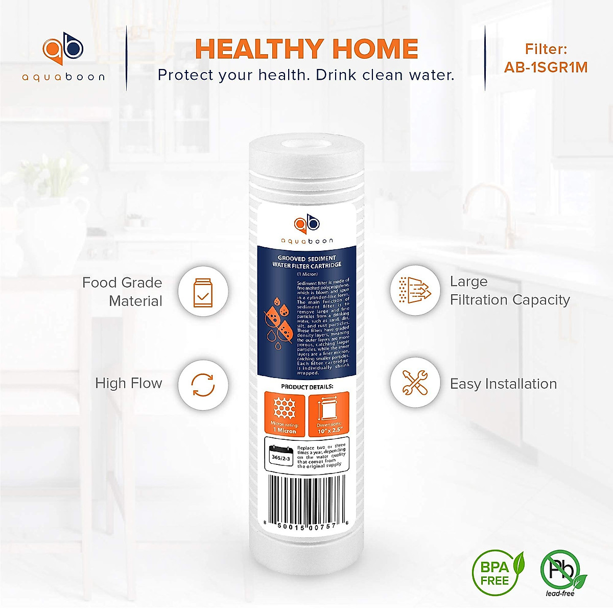 Aquaboon 1 Micron 10" x 2.5" Grooved Sediment Water Filter Replacement Cartridge for Any 10 inch RO Unit, Whole House Sediment Filtration, Compatible with P5, AP110, WFPFC5002, CFS110, RS14, 4-Pack