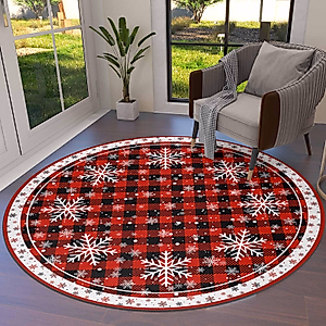 Red Christmas Round Area Rug 4ft Buffalo Plaid Farmhouse Snowflake Washable Outdoor Indoor Carpet Runner Rug for Bedroom,Kitchen,Bathroom,Living/Dining/Laundry Room,Office Large Bath Door Floor Mat
