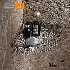 VIBORG Deluxe Solid Thick SUS304 Stainless Steel Wire Wall Mounted Single Tier Bathroom Corner Shower Basket Bath Caddy Shelf Organizer Storage Holder for Shampoo Conditioner. Polished mirror-like