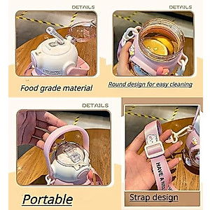 ChezMax Kawaii Bear Straw Water Bottle with Shoulder Strap, Leak-proof Stainless Steel Vacuum BPA free Cute Insulated Water Bottles and Kawaii Stickers for Girls School Office (Purple) 3.5 W x 7.2 H