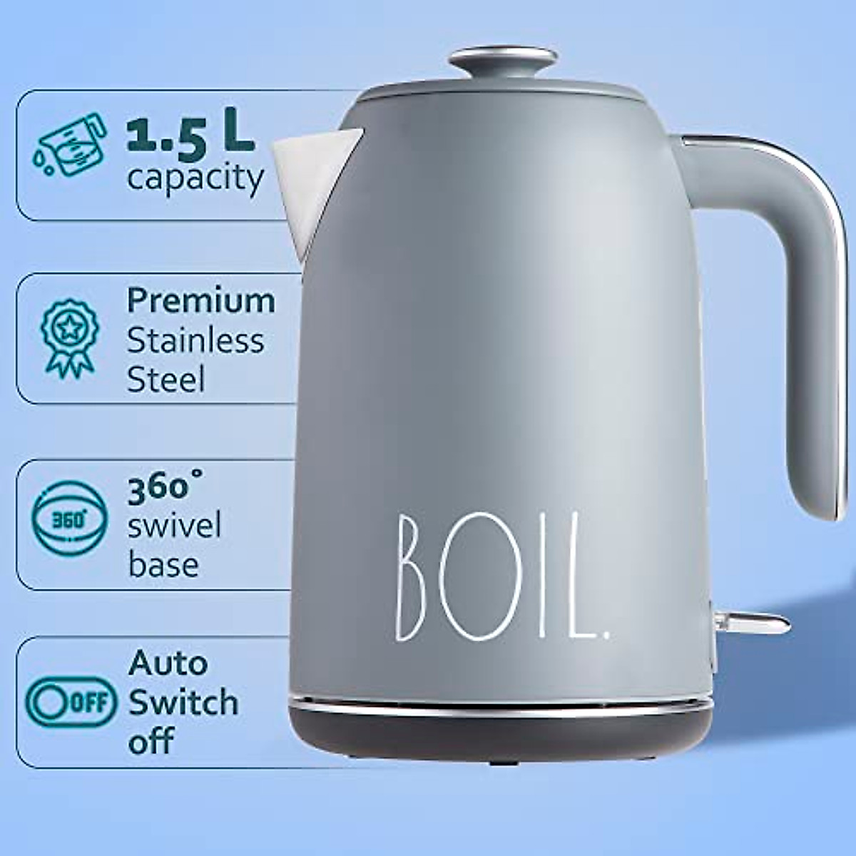 Rae Dunn Electric Water Kettle - Stainless Steel Coffee Maker, Tea Kettle, Electric Hot Water Kettle with Automatic Shut Off Boil-Dry Protection, 1500 Watt Boiling Power, 1.7 Liters, Grey