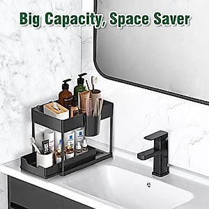 Under Sink Organizers and Storage 2 Tier Under Cabinet Organizer Bathroom Under Sink Storage for Kitchen with Sliding Drawers, Hooks, Multi-purpose Pull Out Under the Sink Organizer and Storage