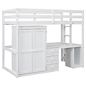 BOVZA Wood Twin Size Loft Bed Frame with Desk and Wardrobe, Built-in Desk with 3 Drawers and Open Cabinet, Twin Loft Bed with Desk and Storage for Kids Teens Adults, White