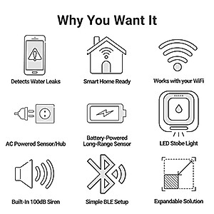 D-Link Wi-Fi Water Leak Sensor and Alarm Starter Kit, Whole Home System with App Notification, AC Powered, No Hub Required (DCH-S1621KT)