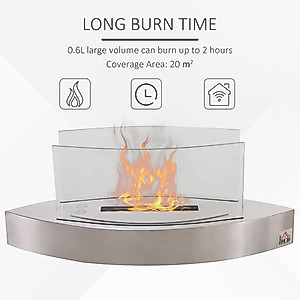 HOMCOM Ethanol Fireplace, 23.5" Tabletop 0.15 Gallon Stainless Steel 215 Sq. Ft., Burns up to 2 Hours, Silver