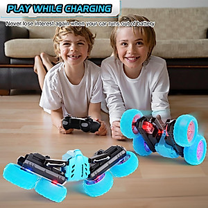 Remote Control Car Toys for Ages 8-12, 2.4Ghz RC Car with Headlights Wheel Lights, Off Road 4WD Rechargeable RC Stunt Car, RC Cars Toys Birthday for Kids Boys Girls (Blue)