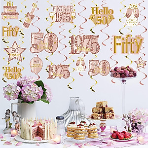 Turypaty Pink Gold 50th Birthday Decorations Hanging Swirls for Women, Rose Gold Happy 50th Birthday Vintage 1975 Foil Swirls Party Supplies, Fifty Year Old Birthday Ceiling Decor