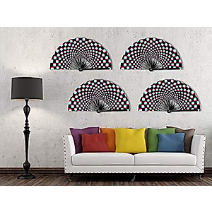 OMyTea Large Rave Clack Folding Hand Fan for Men/Women - Chinese Japanese Bamboo Handheld Fan - for EDM, Music Festival, Club, Event, Party, Dance, Performance, Decoration, Gift (Illusion Checkered)