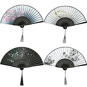 Zonon 4 Pieces Handheld Floral Folding Fans Flower Hand Held Fans Silk Bamboo Fans with Tassel Women's Hollowed Bamboo Hand Holding Fans for Women and Men, 4 Styles