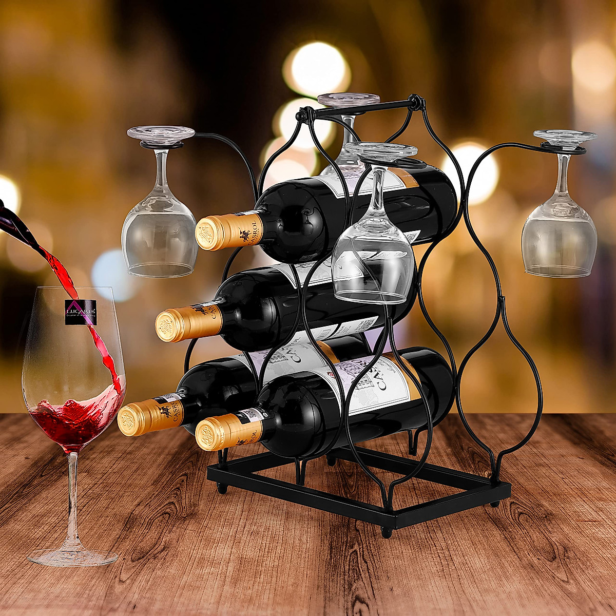 Torfican Countertop Wine Rack Metal,Hold 6 Bottles and 4 Glasses Wine Holder Stand,3-Tier Small Tabletop Wine Rack,Wine Organizer for Cabinet,Pantry