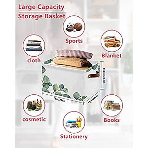 Storage Bins Fabric Storage Cubes 15x11x9.5 Inch Natural Green Leaves Eucalyptus Leaf Foldable Storage Basket for Organizing Closet Shelf Nursery Toy 1 PCS