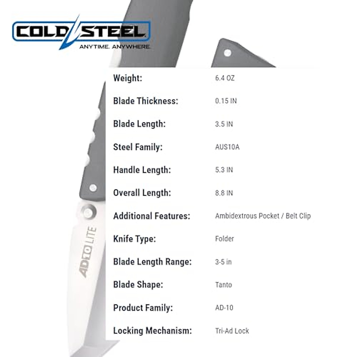 COLD STEEL AD-10 Lite 3.5" AUS10A Steel Ultra-Sharp Tanto Point Blade 5.25" GFN Handle Tactical Folding Knife - Tri-Ad Locking Mechanism