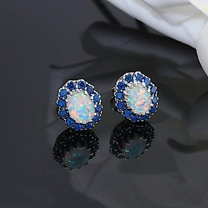 CiNily 14K White Gold Plated Created White Opal and Sapphire Stud Earrings for Women Oval Flower Gems Earrings 12mm