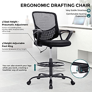 SMUG Drafting Chair Tall Office Chair, Standing Desk Chair Counter Height Office Chairs, Mid Back Mesh Office Drafting Chairs with Armrest, Height Adjustable Foot Ring, Black