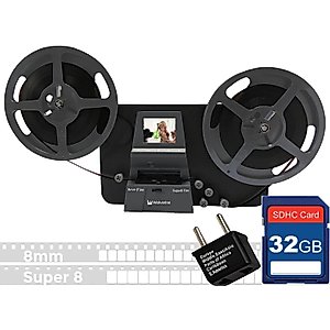 Wolverine 8mm & Super 8mm Reels to Digital MovieMaker Pro Film Digitizer, Film Scanner, 32GB SD Memory Card, Dual Voltage 100-240V Power Supply Adapter & International Two-Prong Round Pin Plug Adapter