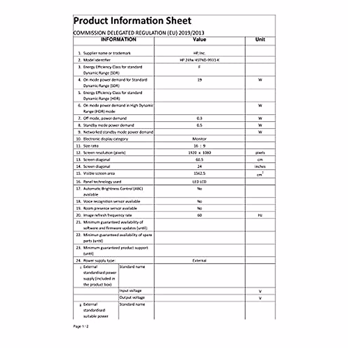 HP 24" LED (HDMI, VGA) 24FW