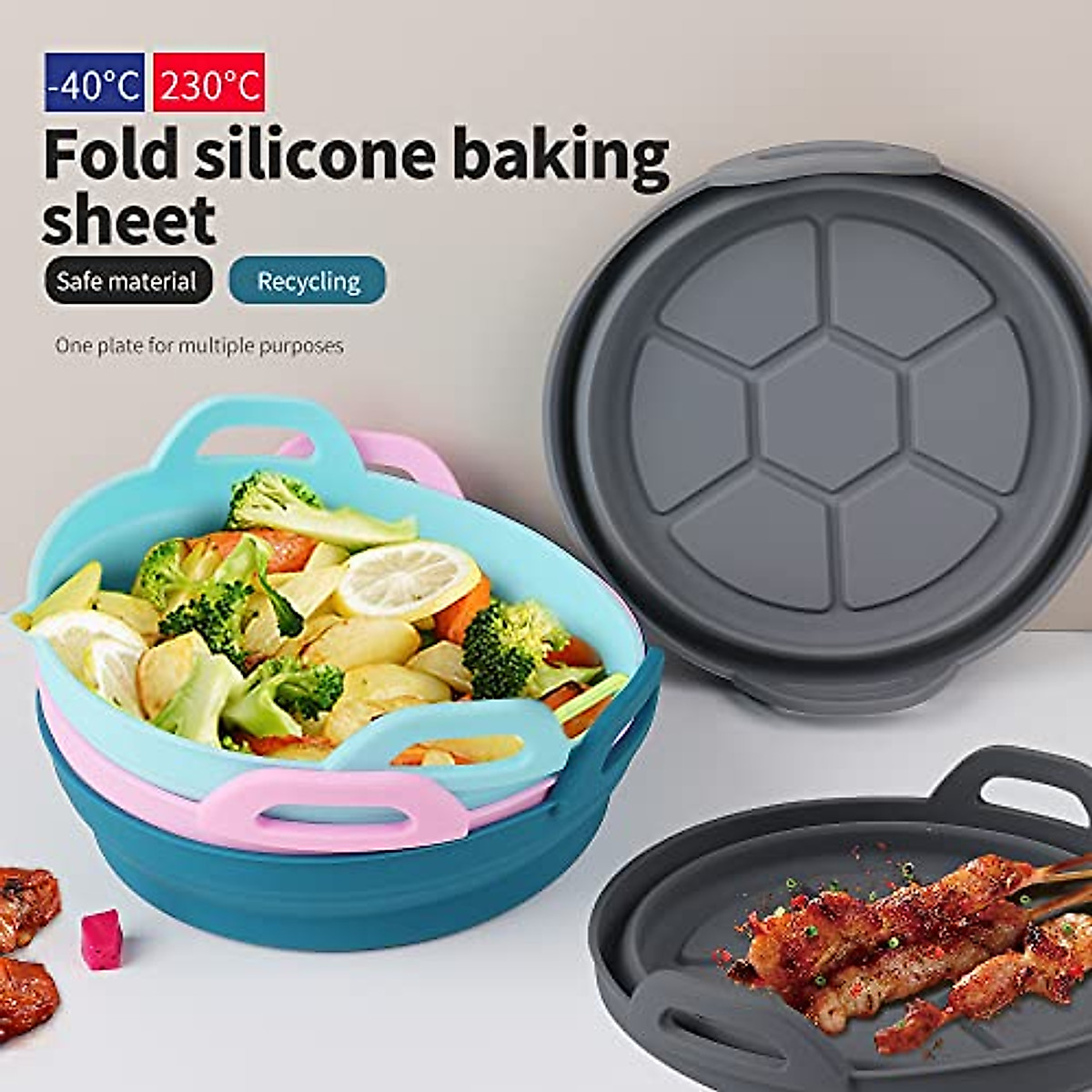 Qiaoer 3 Pack Air Fryer Silicone Liners,8.3 Inch Round Air Fryer Silicone Basket,Heat Resistant Easy Clean Air Fryer Oven Accessories,Foldable Reusable Silicone Bowl(Z03-Pink Green Grey)