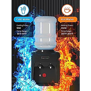 TABU Countertop Water Cooler Dispenser, Top Loading Water Cooler, Hot & Cold Water Dispenser, Holds 3 or 5 Gallon Bottle, with Anti-Scalding Design and Child Safety Lock for Home, Office Use (Black)