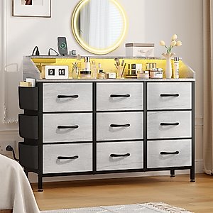 Lulive Dresser for Bedroom with 9 Drawers - Chest of Drawers for Bedroom with LED Light & Charging Station - Kids Adults Chest of Drawers for Living Room Hallway Closet Nursery (Grey)