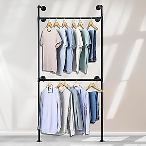 Toriexon Industrial Pipe Clothing Rack Metal, Minimalist Retro Walk-in Closet System, Heavy Duty Wall Mounted Industrial Pipe Closet Organizer (2 Tier, 88.58" H x 39.37”W x 9.84" D)