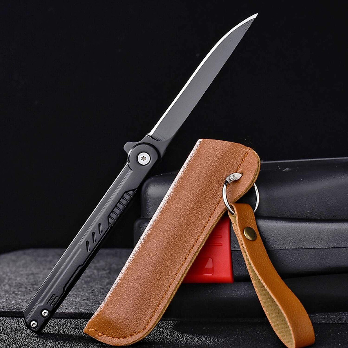 COHOMELARS Slim Folding Pocket Flipper Knife for Men,3.8'' Stainless Steel Black Blade,EDC Gentleman's Knife with Leather Sheath, Liner Lock