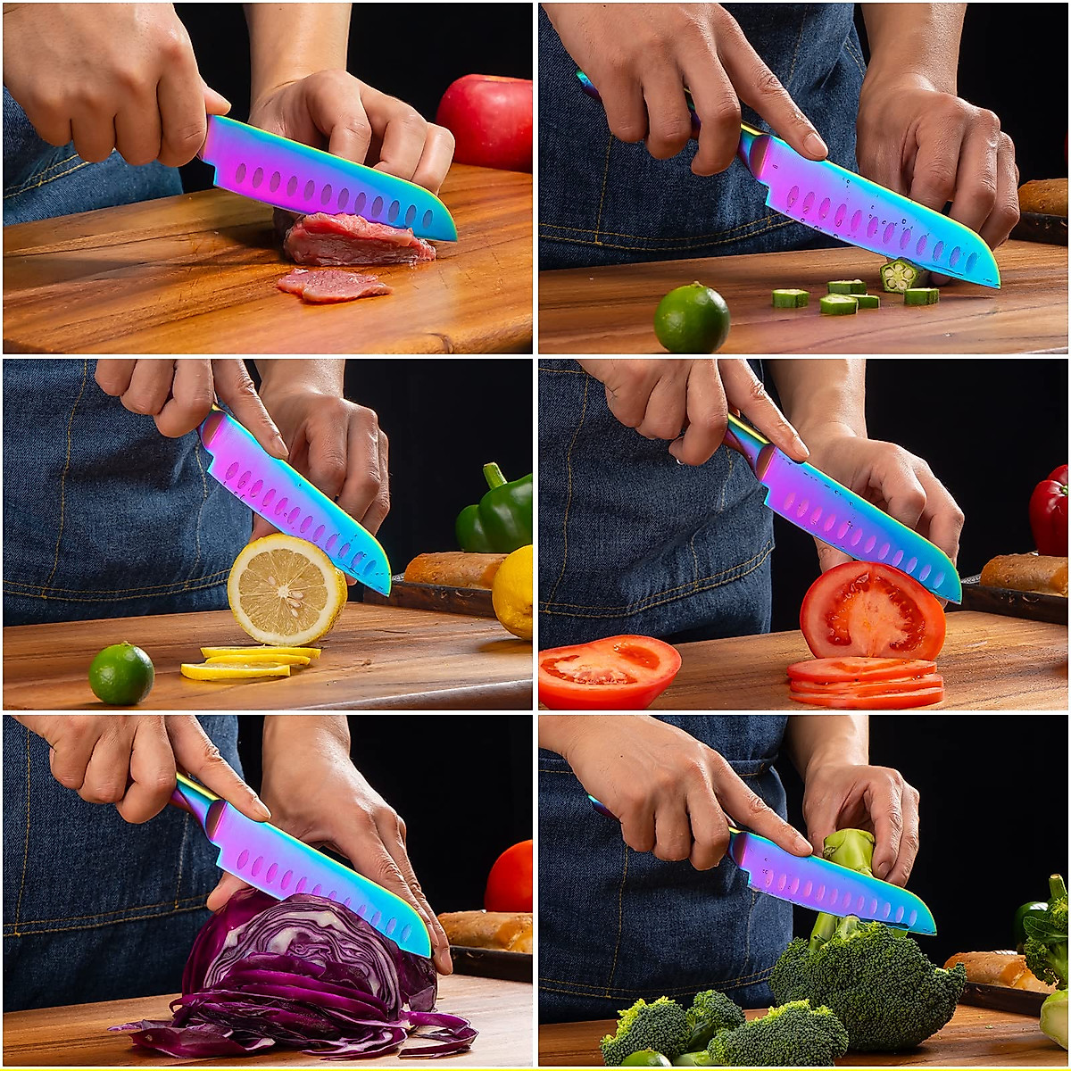 WELLSTAR Santoku Knife 5 Inch, Super Sharp German Steel Kitchen Cooking Knife with Comfortable Handle and Rainbow Coating for Slicing Dicing and Mincing of Meat Vegetables and Fruits for Small Hand