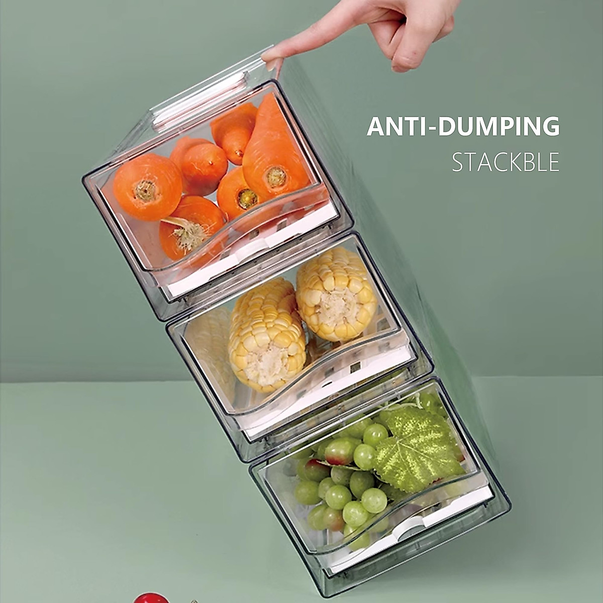 bealy 2 pack Refrigerator Organizing Bins with Drain Board Stackable Refrigerator Organizer Bins, Reusable Food Storage Containers, Fridge Drawer Organizer,Kitchen,Produce,Fruit,Vegetable