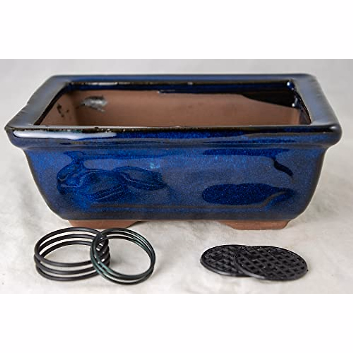 Rectangular Blue Glazed Cactus & Succulent Planter, Bonsai Pot + Mesh + Wire - 6"x 4.5"x 2.25"