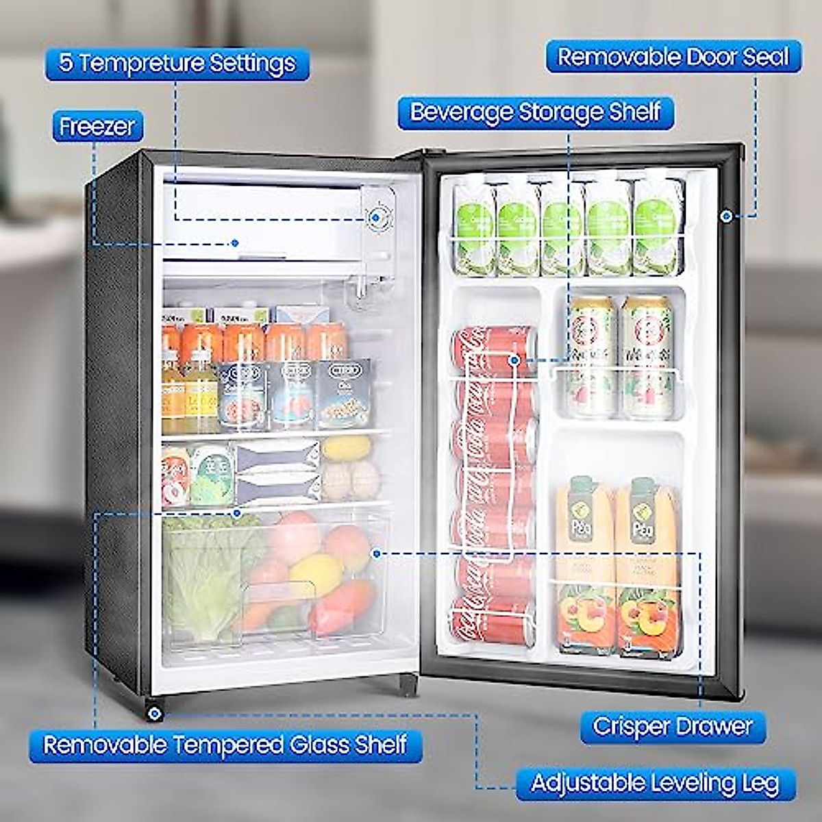 WANAI Mini Fridge With Freezer 3.2 Cu.Ft Single Door Small Refrigerator Energy-efficient, Low Noise, Mini Fridge For Bedroom Dorm and Office, Silver