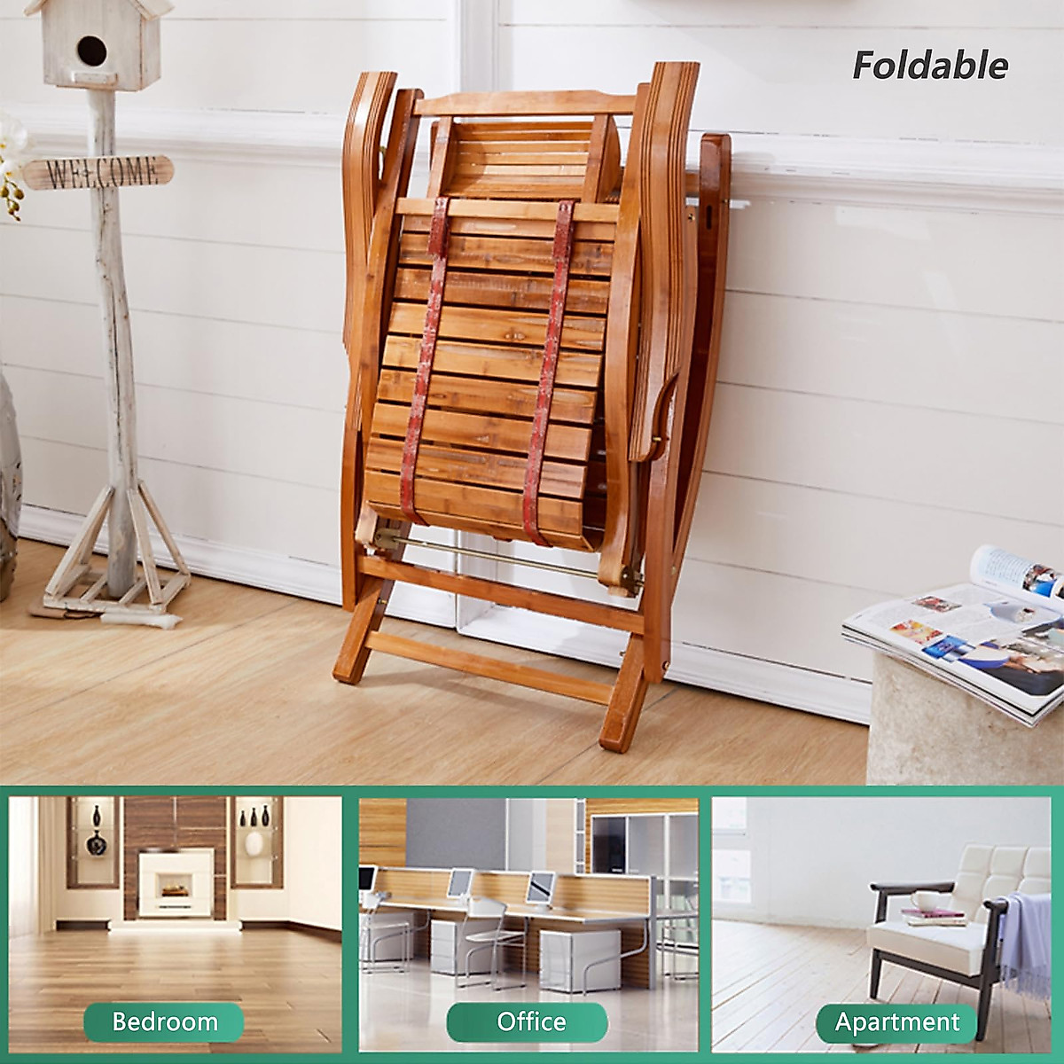 Bamboo Lounge Chair,Foldable Rocking Chair,Garden Deck Chairs for Elderly,Foldable Recliner,Outdoor Rocking Chair,Garden Chair,with Headrest Pillow and Foot Massage Board