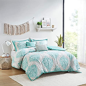 Intelligent Design Senna Comforter Set Full/Queen Size - Aqua Blue/Gray, Damask – 5 Piece Bed Sets – All Season Ultra Soft Microfiber Teen Bedding - Great For Guest Room and Girls Bedroom