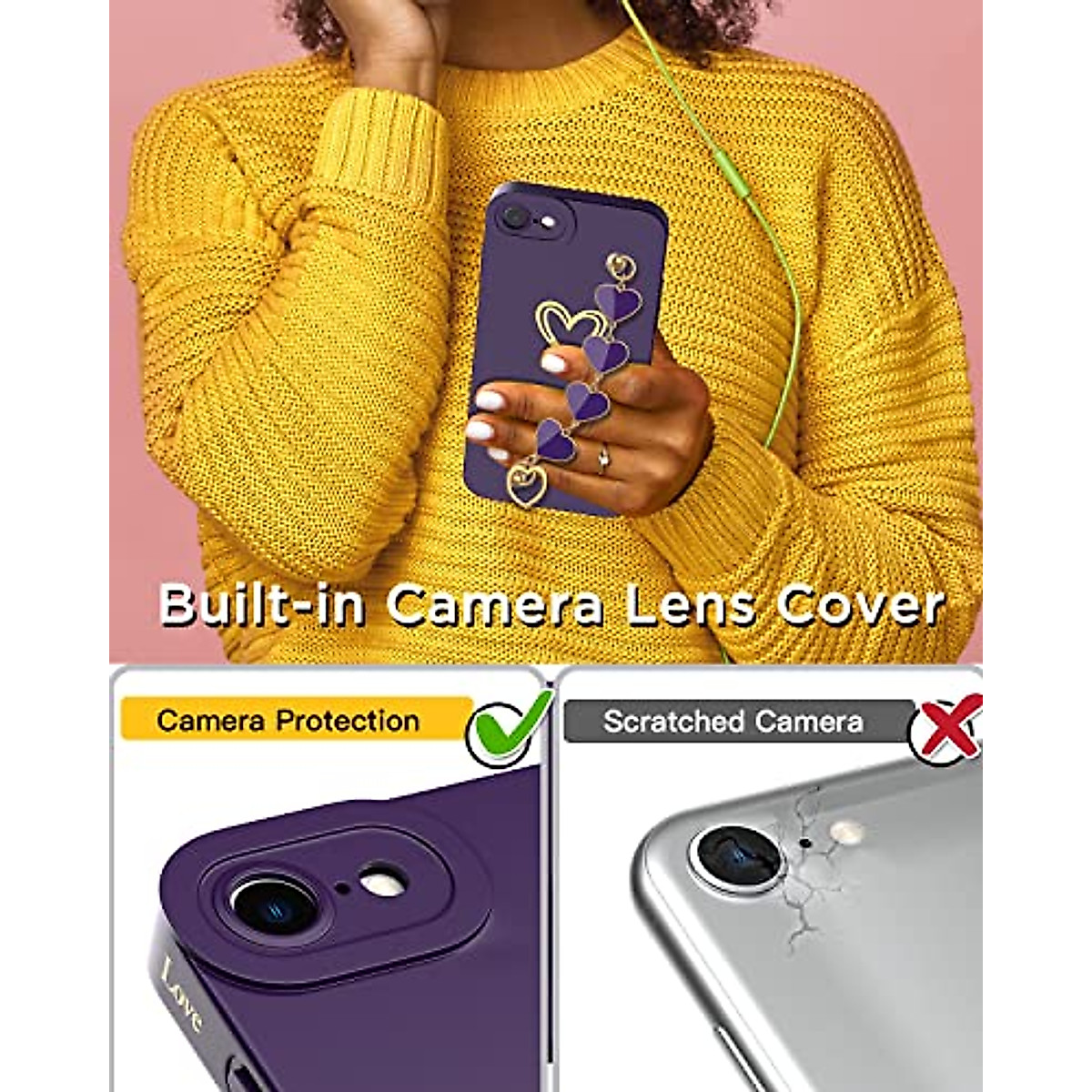 AICase iPhone SE 2022 Case,iPhone 3rd/2020/2nd gen/iPhone 8/7 Case for Women with Full Camera Lens Protection and Hand Strip Loop, Silicone Heart Girly Cute Soft Slim Shockproof for iPhone 8/7/SE_6