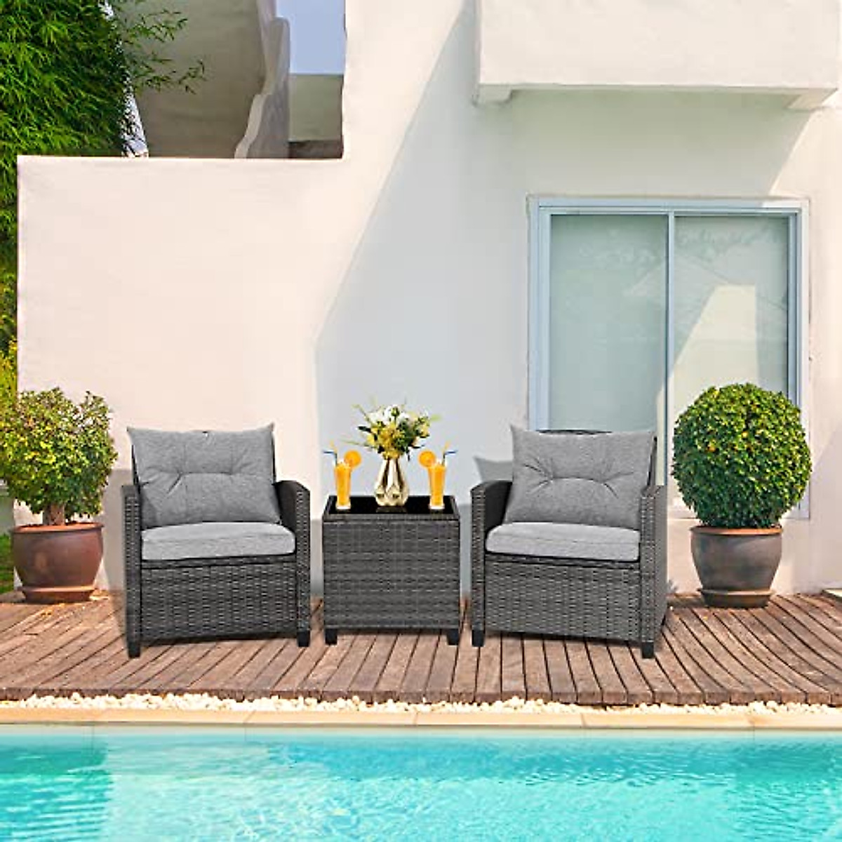 RELAX4LIFE Wicker Patio Furniture Sets - 3 Pieces Patio Rattan Sofa Set, Outdoor Conversation Set with Tempered Glass Tabletop, Heavy-Duty Steel Frame, Wicker Chair Set for Poolside, Backyard, Grey