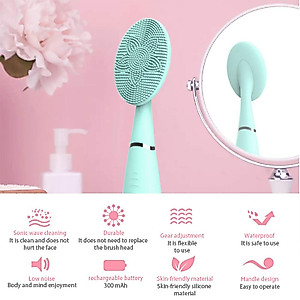 Sonic Facial Cleansing Brush, Lyrzzey Portable Handled Face Cleansing Brush with 5 Adjustable Speeds Vibrating Rechargeable Face Cleansing Brush for Deep Cleaning Gentle Exfoliating Massaging(Blue)