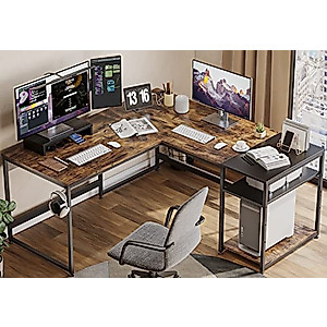 Bestier Industrial L Shaped Desk with Shelves 94.5 Inch Reversible Corner Computer Desk or 2 Person Long Table Office Writing Study Workstation with Monitor Stand and Headphone Hook, Rustic Brown