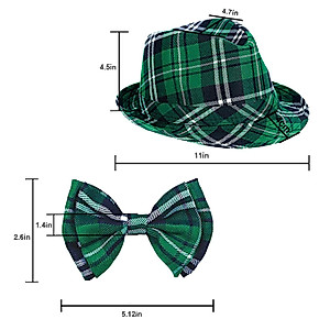 ANIUHL St. Patrick's Day Plaid Fabric Fedora Hat and Bow Tie Set, Green Irish Cap Party Cosplay Costumes Accessory for Women Men