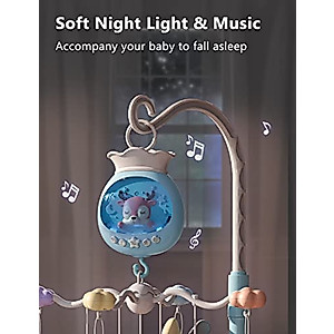 BSROLUNA Baby Crib Mobile with Music and Lights, Baby Mobile for Crib with Remote Control, Hanging Rotating Animal Rattles, 50 Songs and Timing Function, Cartoon Baby Crib Toys for Girls (Baby Blue)