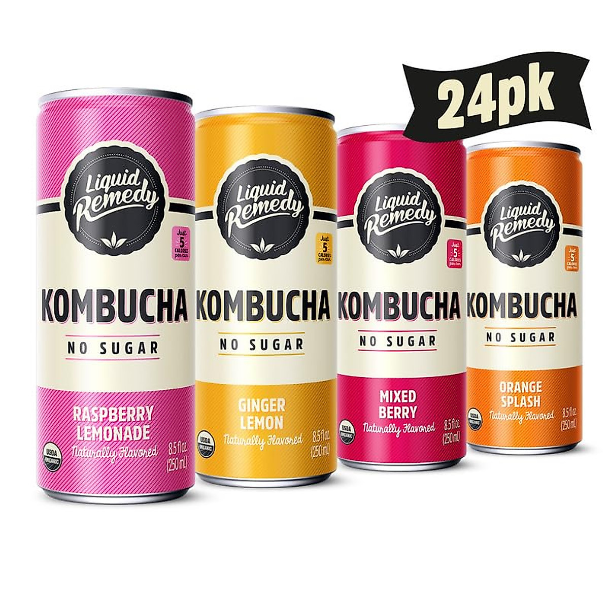 Remedy Kombucha Tea Organic Drink - Sugar Free, Keto, Vegan & Gluten Free - Sparkling Live Cultured, Long-Age Brewed Beverage - 4 Flavor Variety Pack - 8.5 Fl Oz Can, 24-Pack